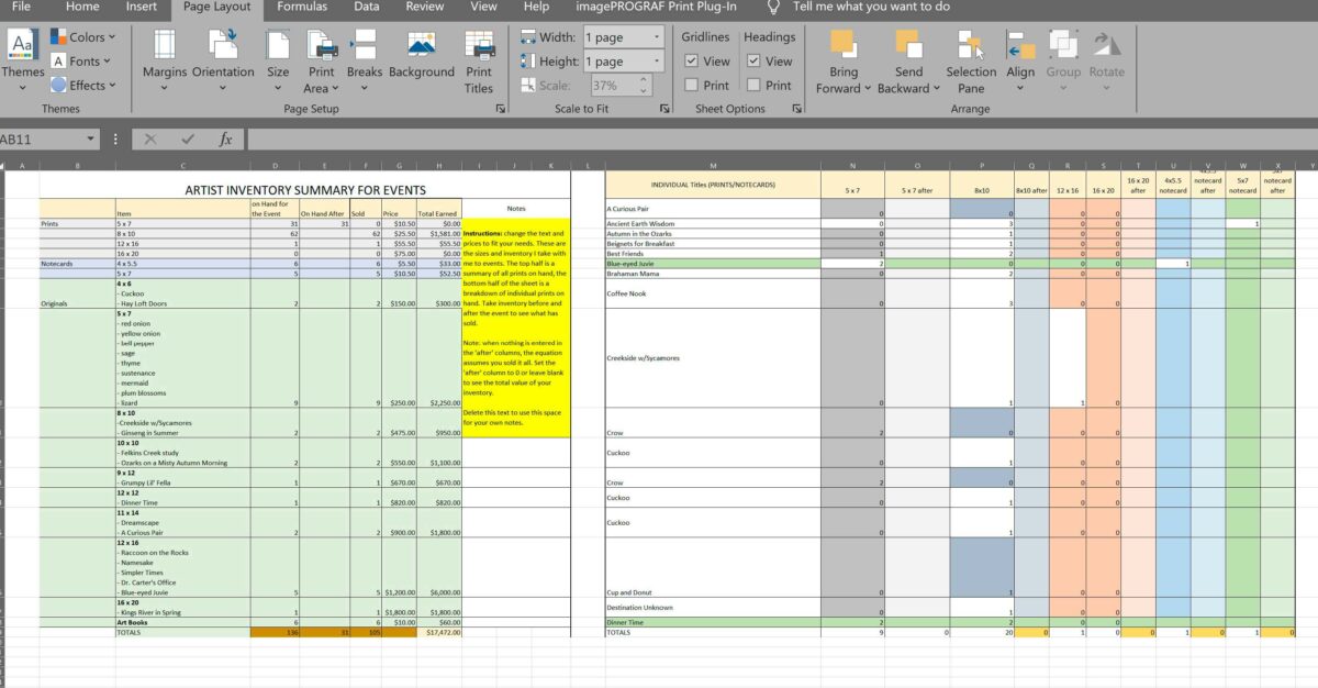 Excel Artist Event Inventory Spreadsheet - Calculates - Shop Wild Ozark